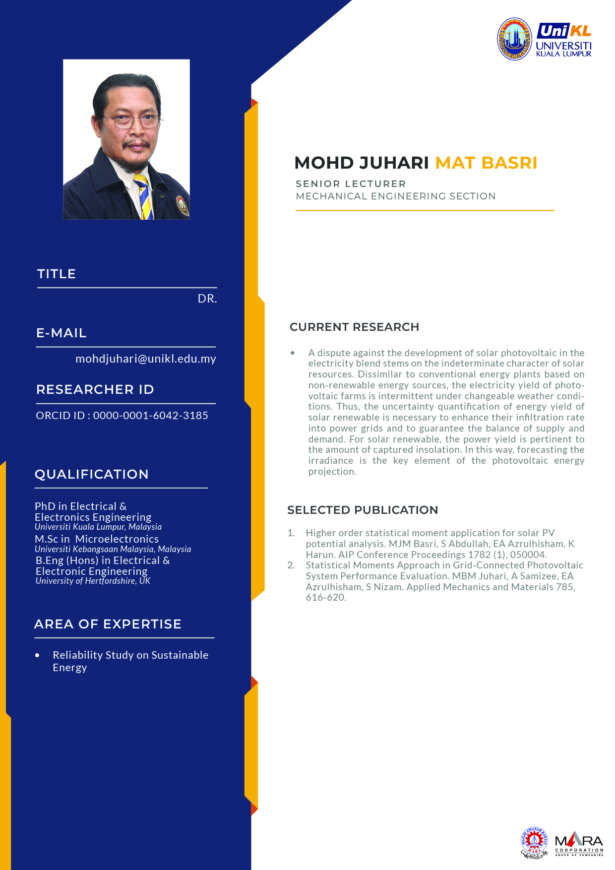 Researcher Profile – ME Section | UniKL MFI